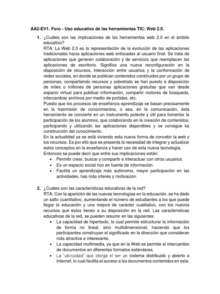 AA2-EV1. Foro - Uso Educativo de Las Herramientas TIC Web 2.0. | PDF | Tecnología de información ...