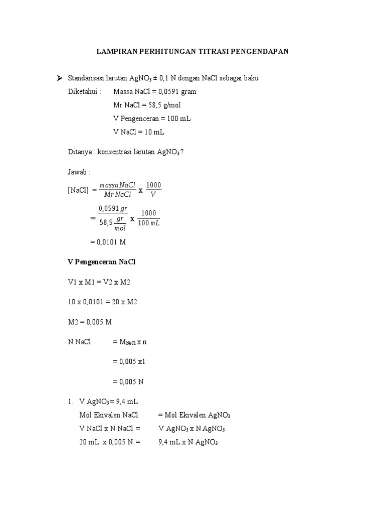Lampiran Perhitungan Titrasi Pengendapan: Massa Nacl MR Nacl V GR Mol | PDF | Nature