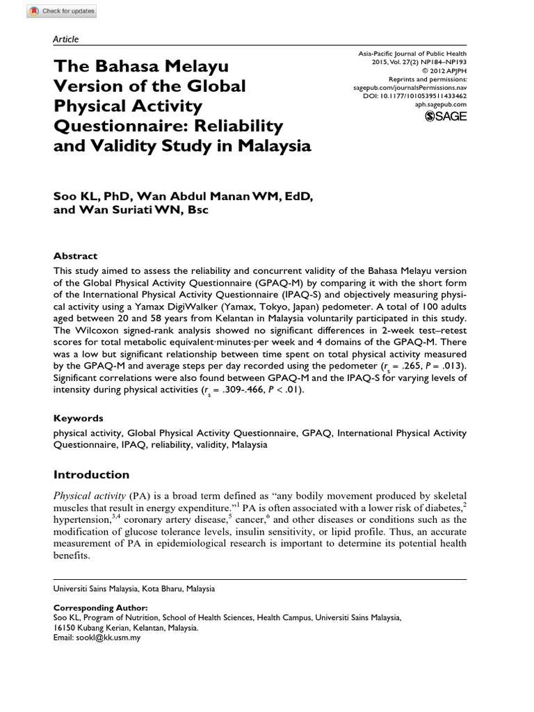 The Bahasa Melayu Version of The Global Physical Activity Questionnaire: Reliability and ...