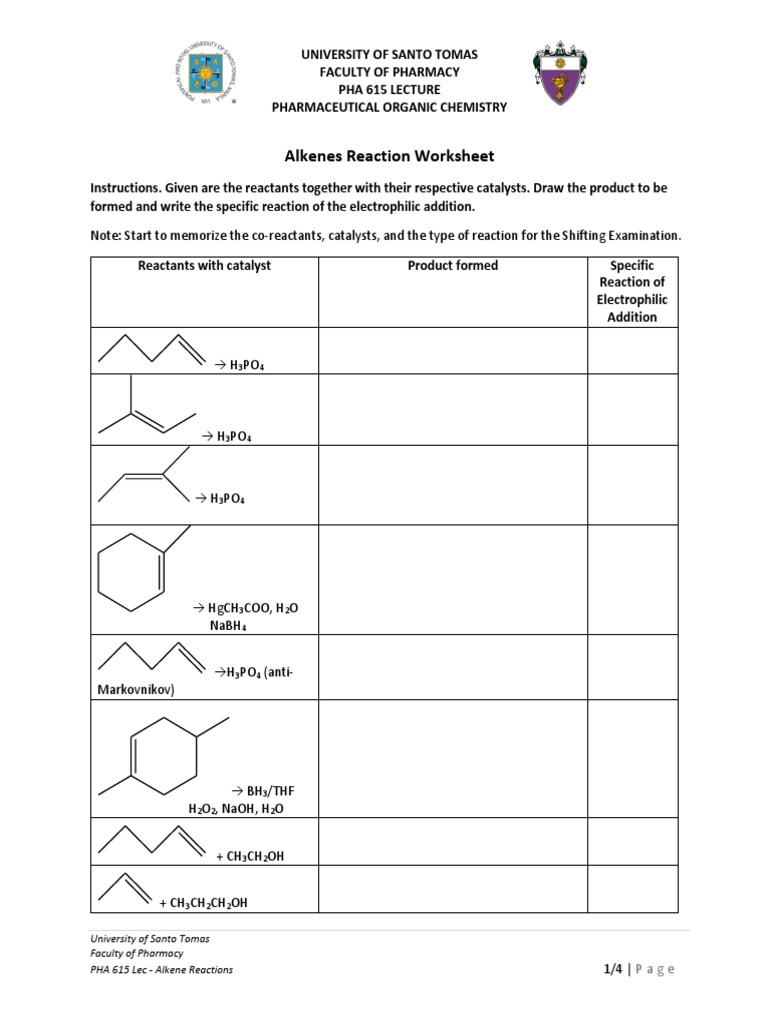 Alkene Reactions Worksheet UST | PDF | Chemical Reactions | Catalysis