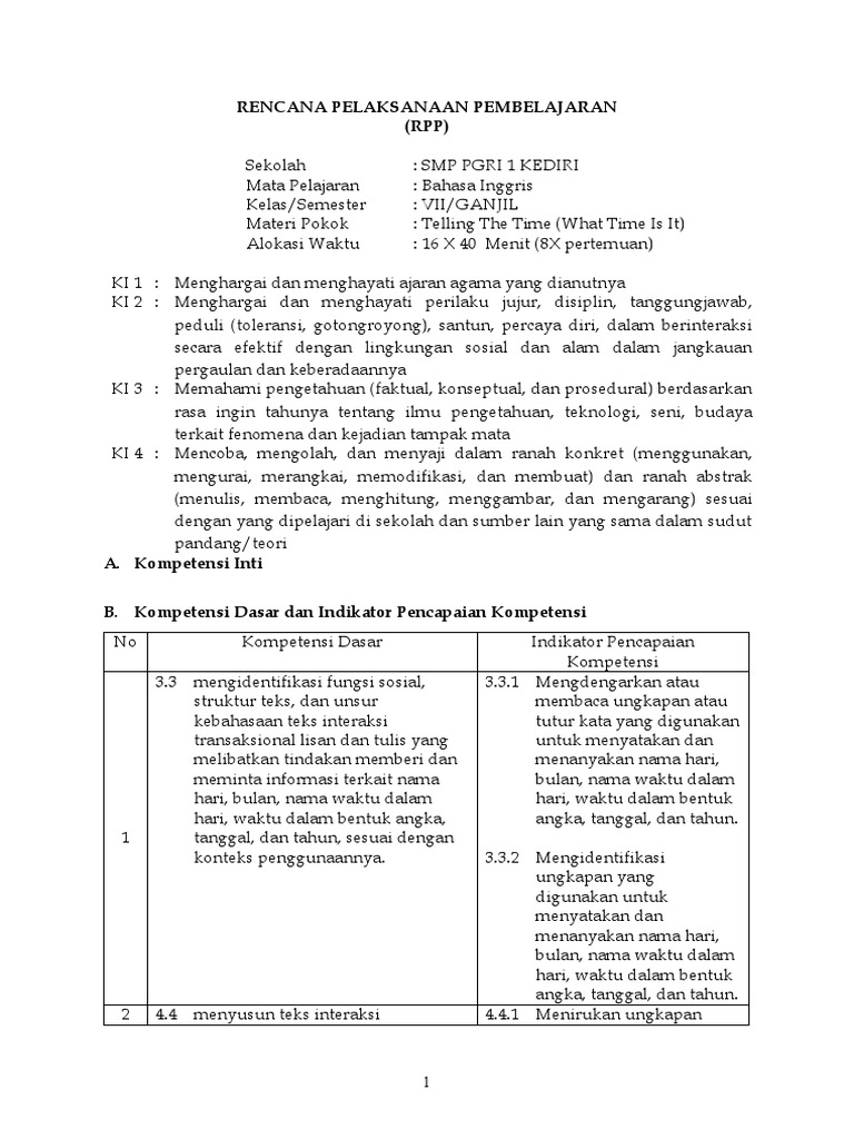 RPP Telling The Time Kelas VII SMT 1 | PDF