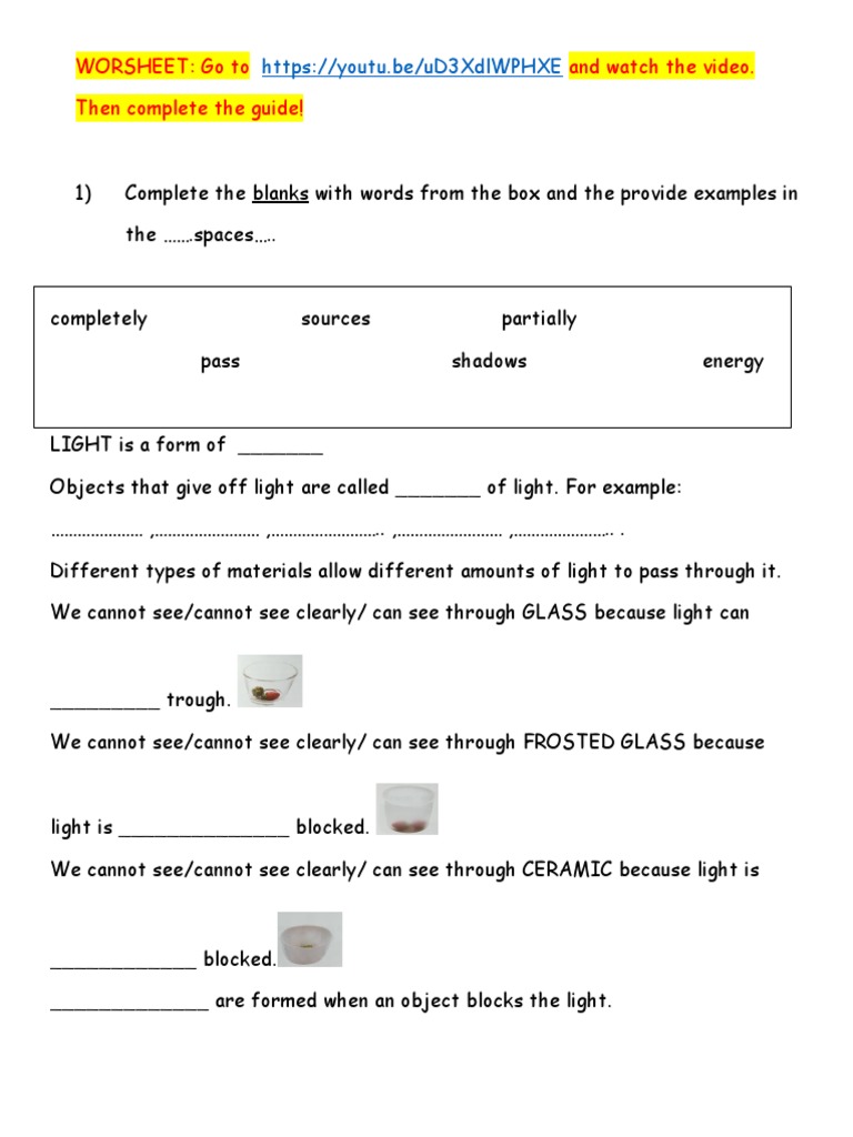 Light and Shadow Worksheet | PDF