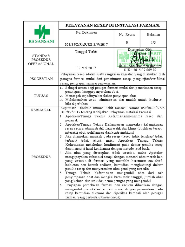 PELAYANAN RESEP DI INSTALASI FARMASI Rs Sansani | PDF