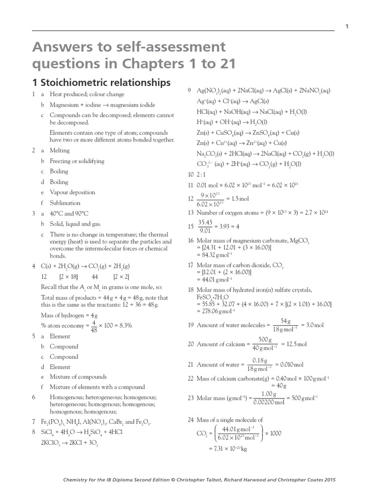 Answers To Self-Assessment Questions in Chapters 1 To 21: 1 Stoichiometric Relationships | PDF ...