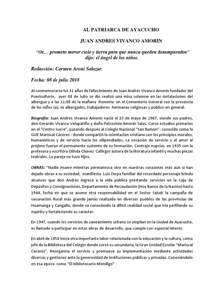 Juan Andrés Vivanco Amorín - Patriarca de Ayacucho | PDF | Agitación