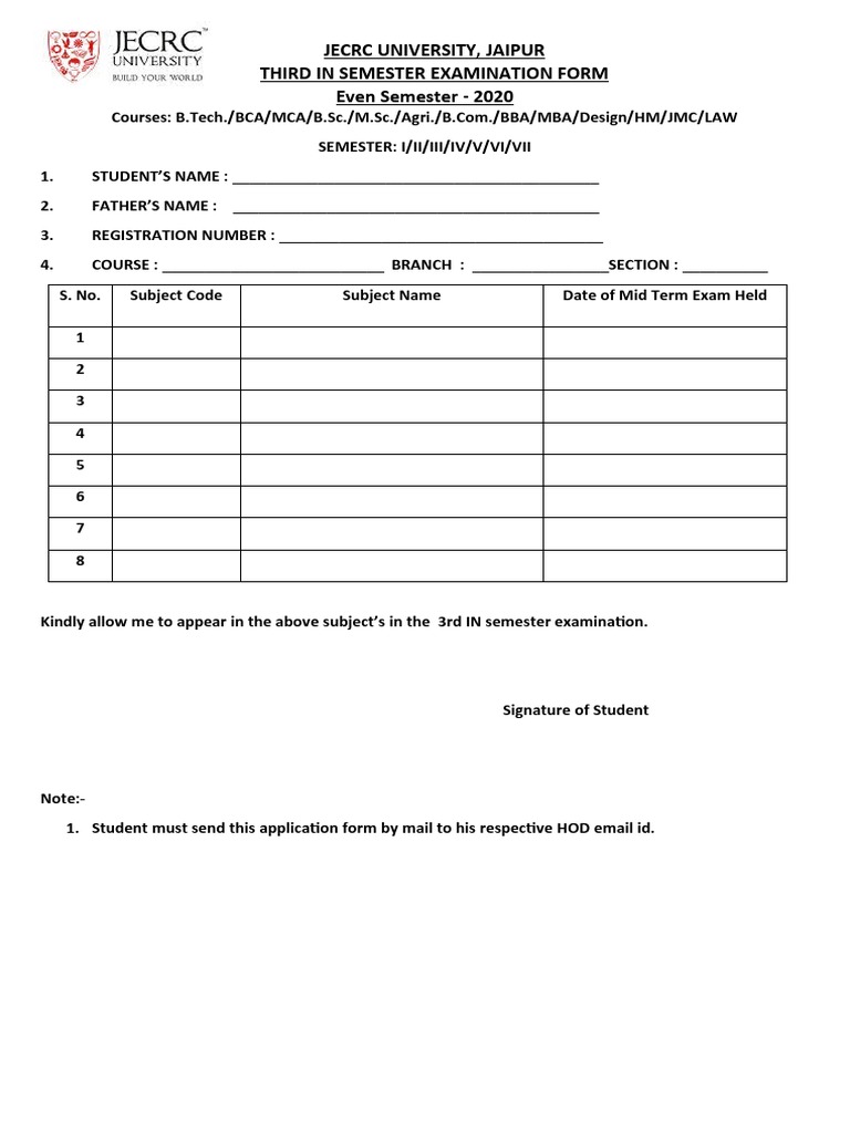 Jecrc University, Jaipur Third in Semester Examination Form Even ...