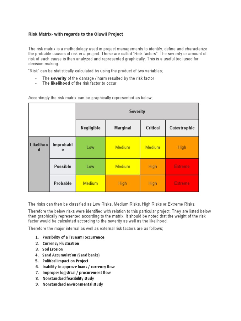 Risk Matrix-With Regards To The Oluwil Project: Severity | PDF | Risk ...