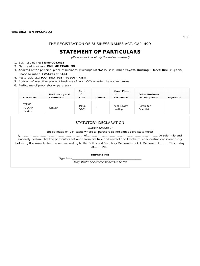 Statement of Particulars: The Registration of Business Names Act, Cap ...