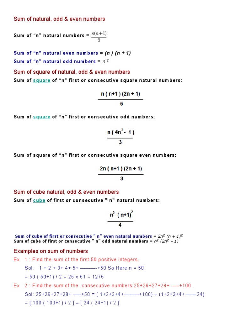 Sum of N Consecutive Numbers Like Natural, Even, Odd, Squares, Cubes | PDF | Arithmetic ...