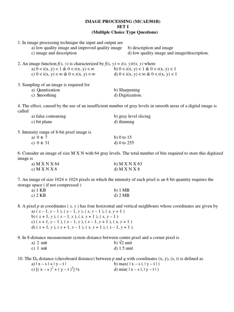 Image Processing (Mcae501B) Set I (Multiple Choice Type Questions ...