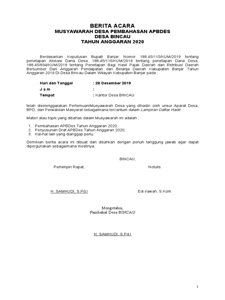 Berita Acara Apbdes | PDF