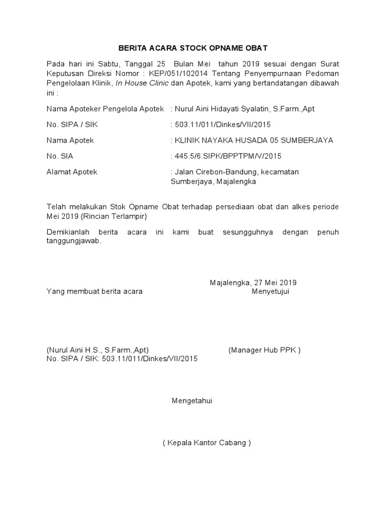 Berita Acara Stock Opname Obat | PDF
