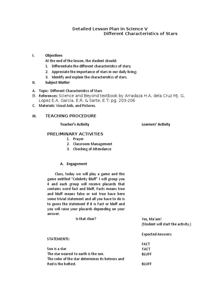 Detailed Lesson Plan in Science V Different Characteristics of Stars ...