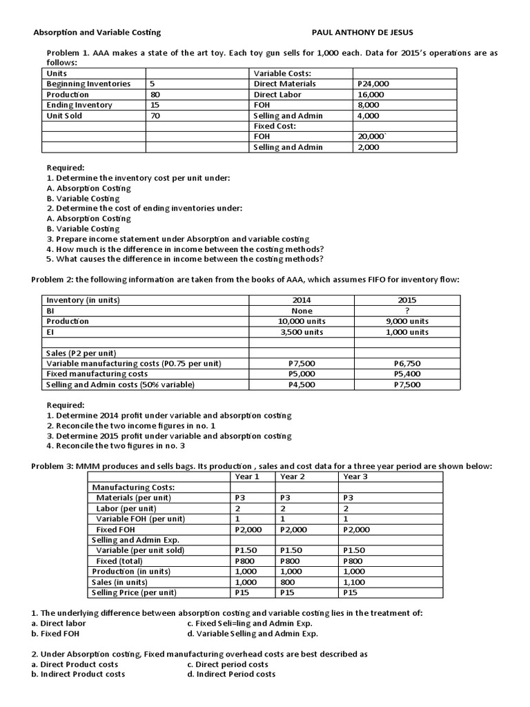 Exercises Absorption and Variable CostingPAUL ANTHONY DE JESUS | PDF | Income Statement | Cost ...