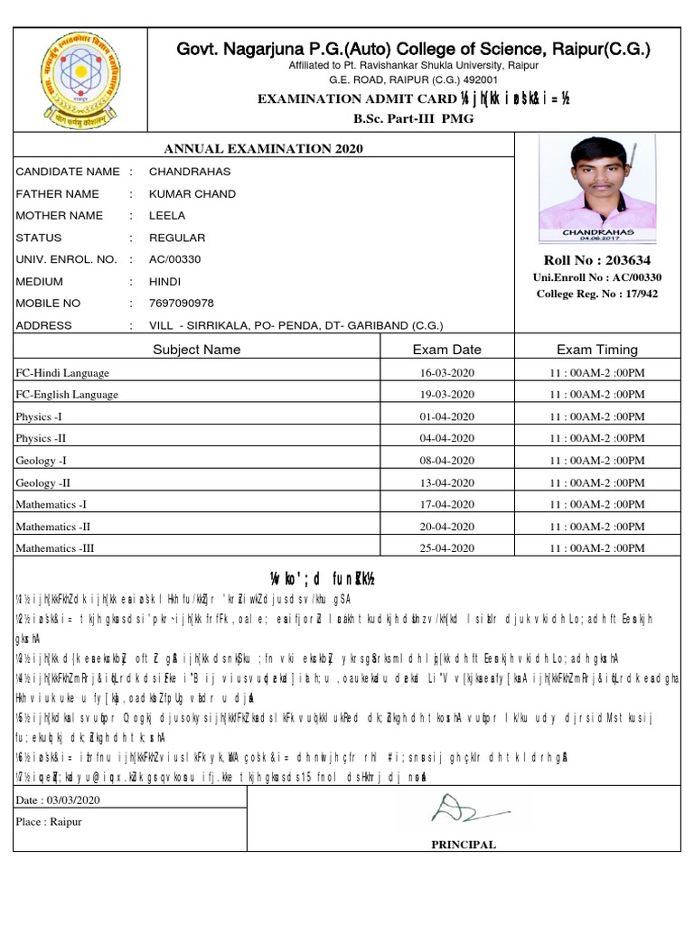 Examination Admit Card for Chandrahans detailing his personal ...