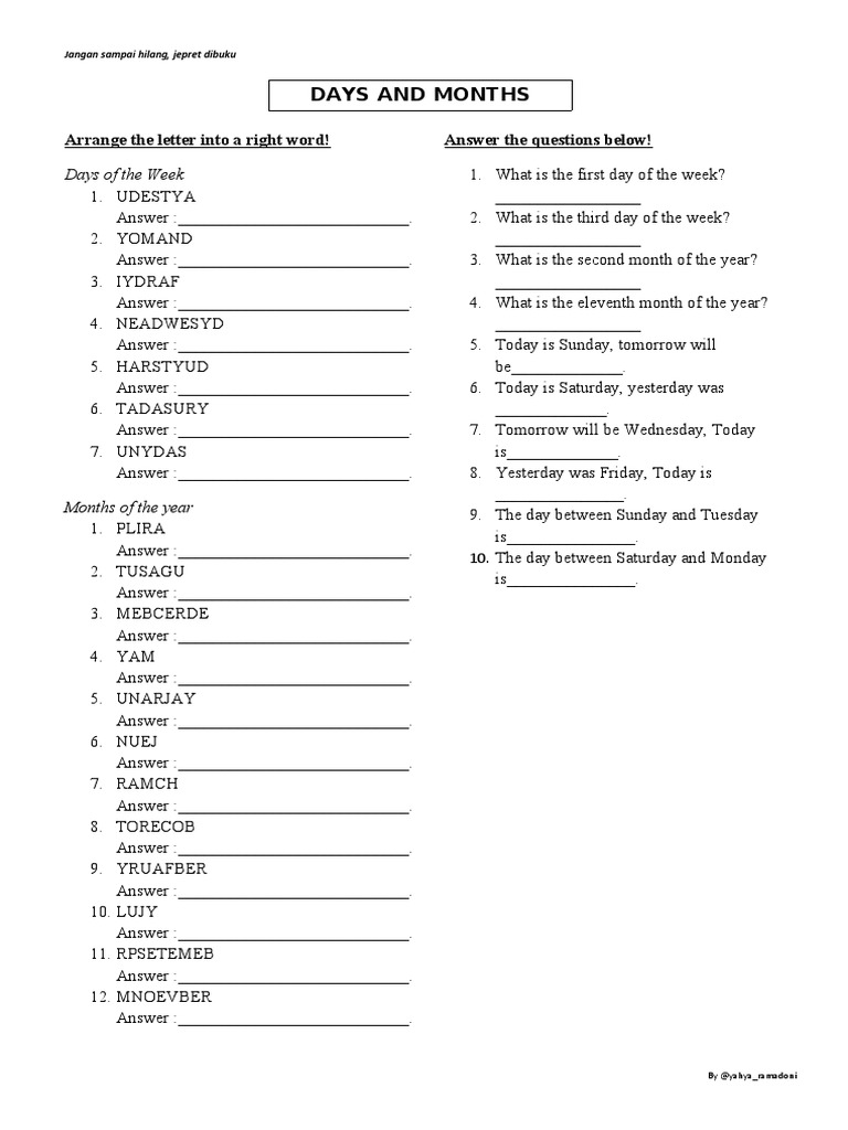 Soal Latihan Days and Months | PDF