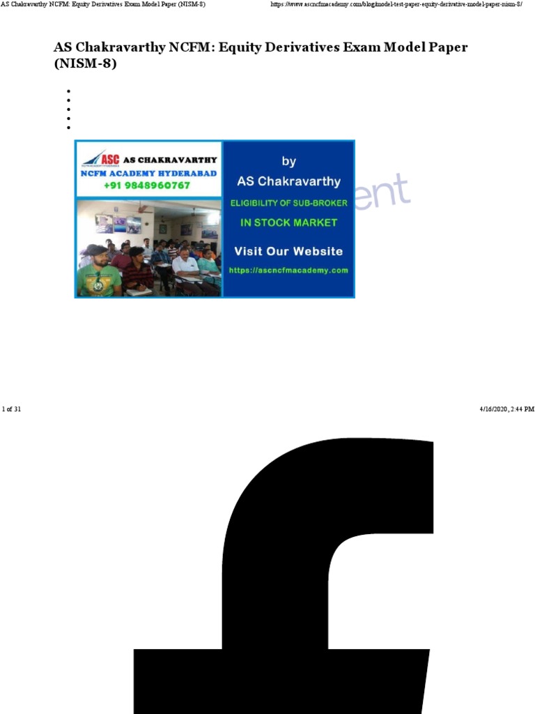 AS Chakravarthy NCFM: Equity Derivatives Exam Model Paper (NISM-8) | PDF