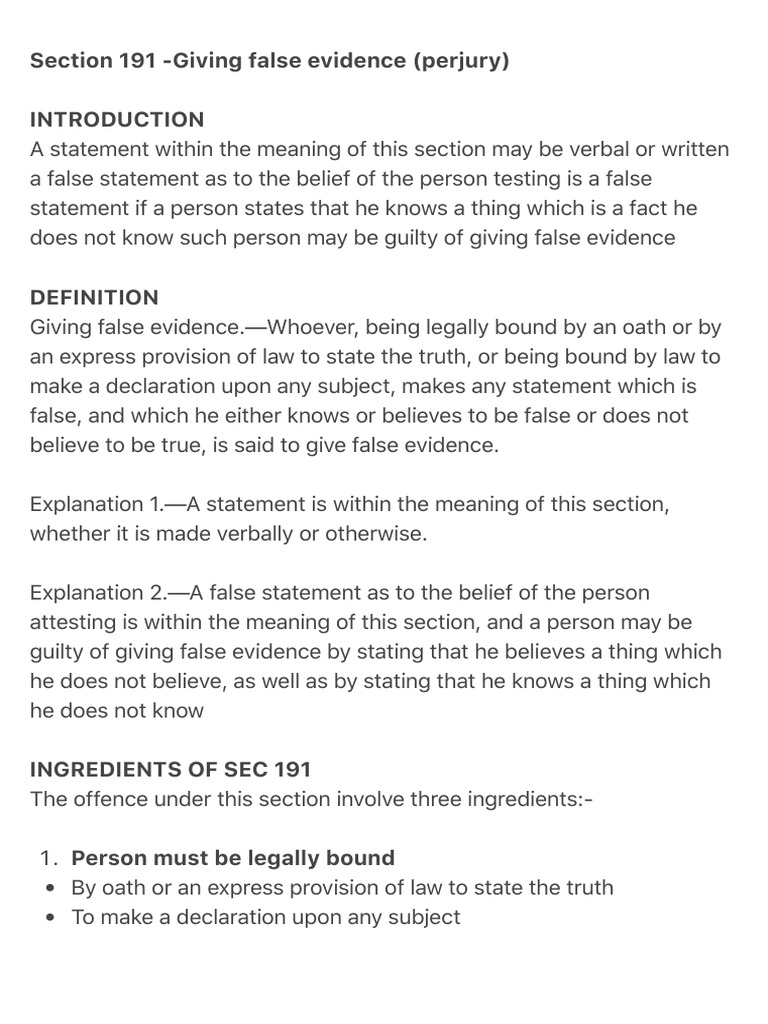 Section 191 - Giving False Evidence (Perjury) | PDF | Politics | Social ...