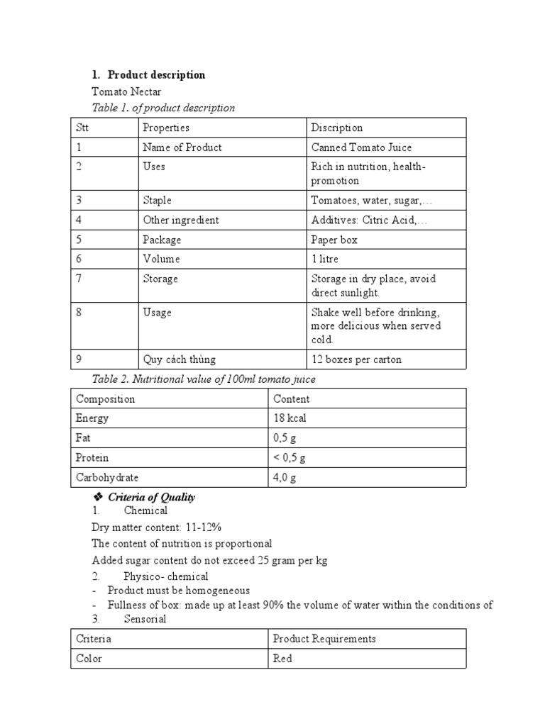 Table 1. of Product Description | PDF | Tomato | Carbohydrates