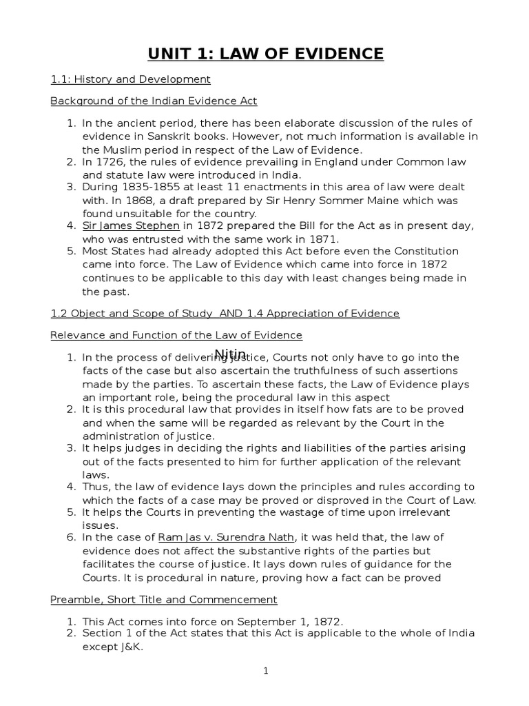 Unit 1: Law of Evidence: Nitin | PDF | Evidence (Law) | Circumstantial ...