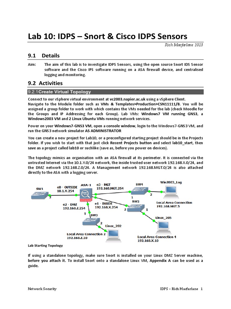 Lab 10: IDPS - Snort & Cisco IDPS Sensors: 9.1 Details | PDF | Firewall ...