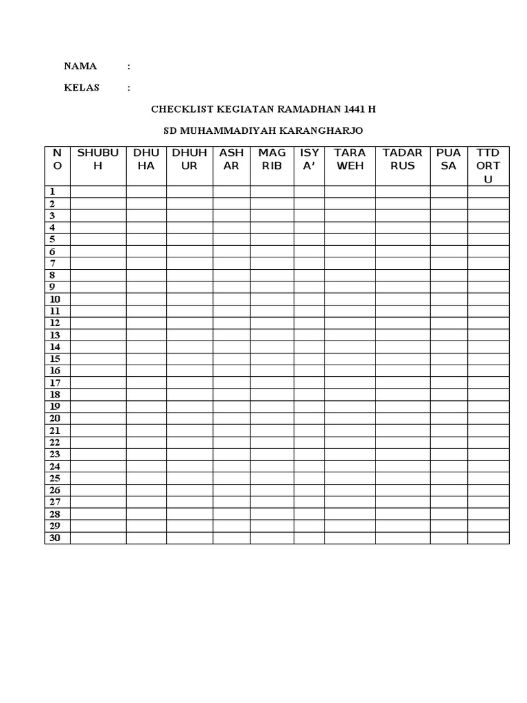 Checklist Kegiatan Ramadhan Anak SD | PDF