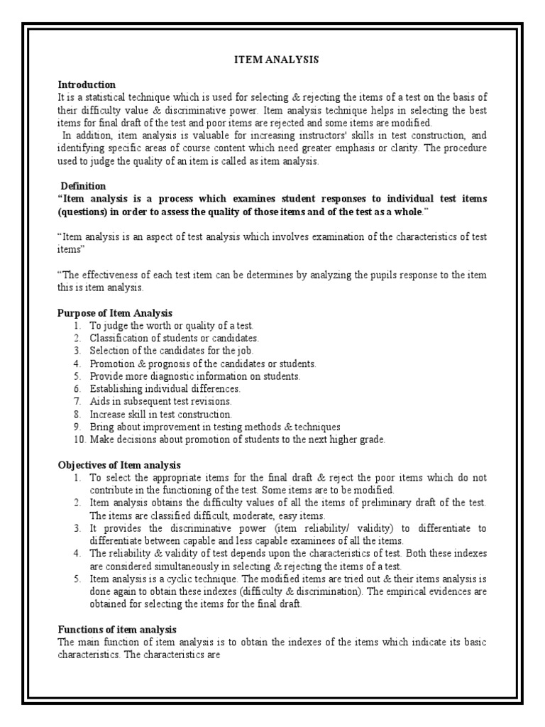 ITEM ANALYSIS. Teaching | PDF | Test (Assessment) | Psychological Concepts
