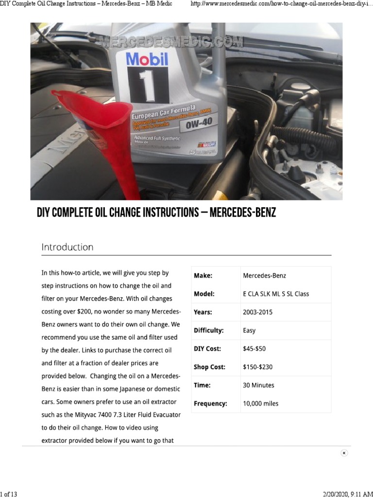 Oil Change Instructions | PDF | Mercedes Benz | Motor Oil