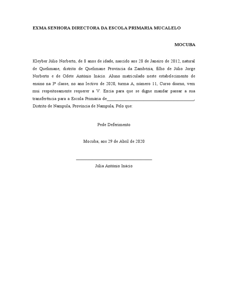 Exma Senhora Directora Da Escola Primaria Mucalelo | PDF