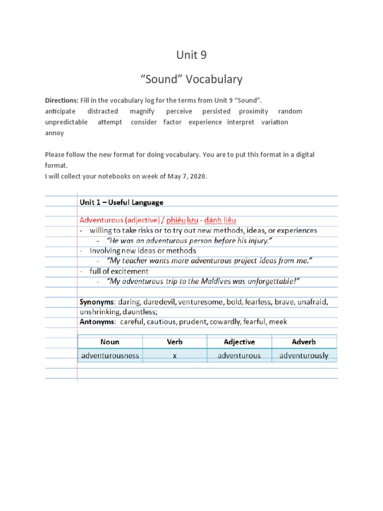 Unit 9 "Sound" Vocabulary: Directions: Fill in The Vocabulary Log For ...