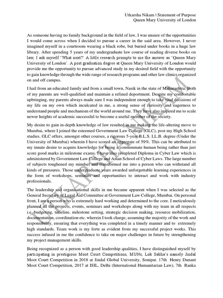 Statement of Purpose for Queen Mary University of London's LLM in ...