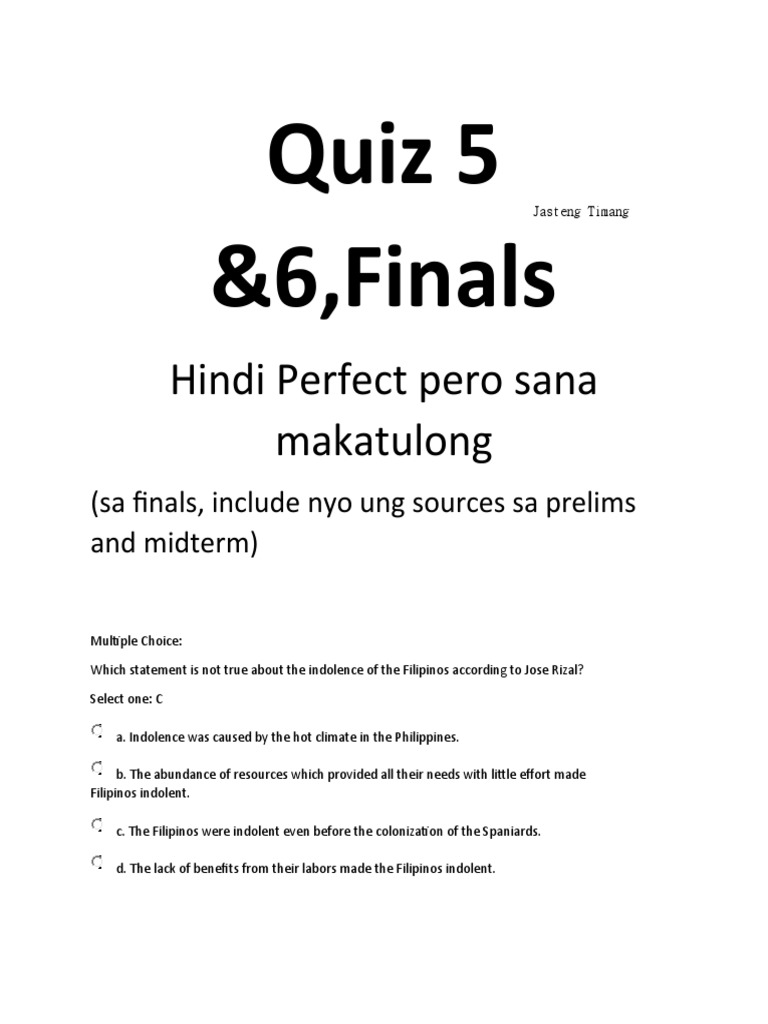 Quiz 5 &6, Finals: Hindi Perfect Pero Sana Makatulong | PDF | Philippines