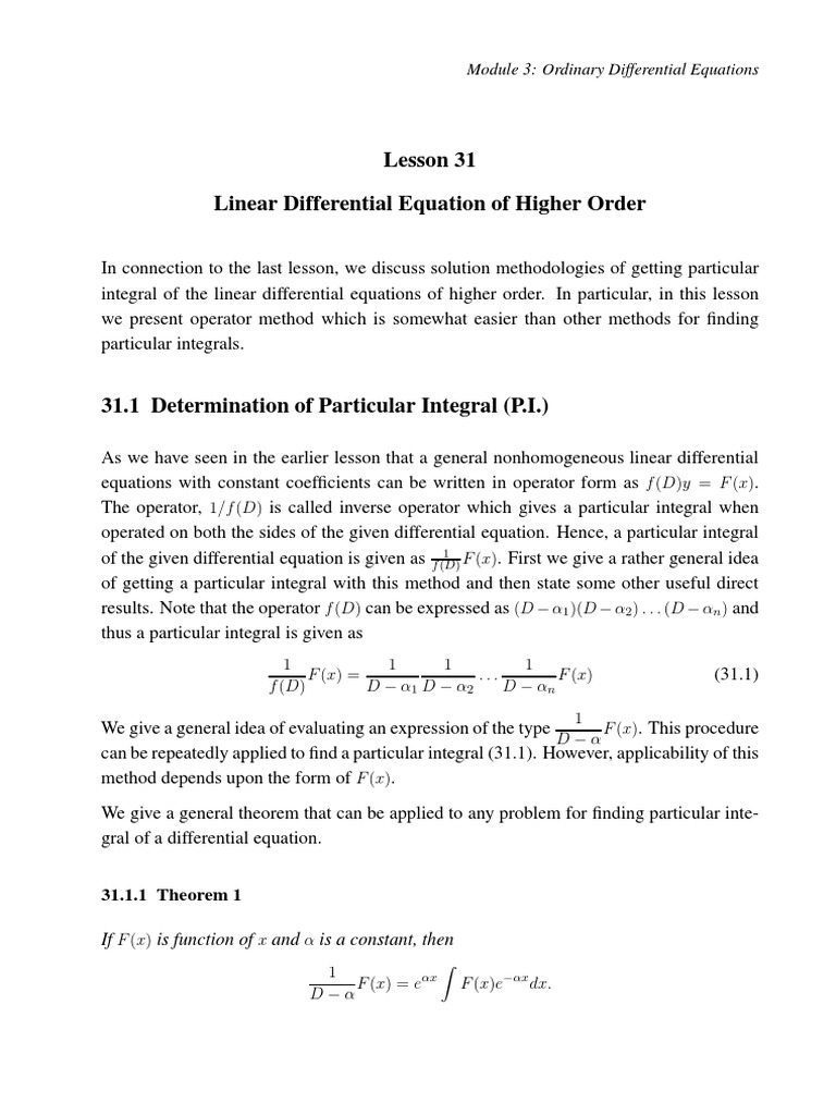 Lesson 31 Linear Differential Equation of Higher Order: Module 3 ...