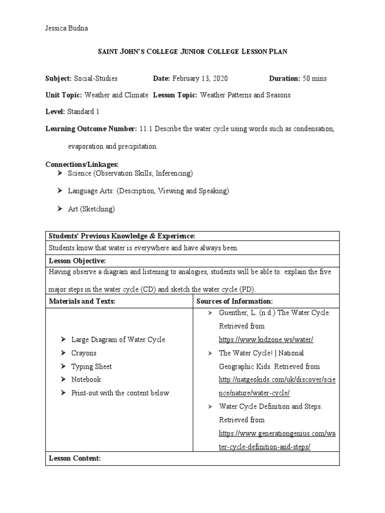Social Studies Lesson Plan Lo 11 | PDF | Water Cycle | Water Vapor