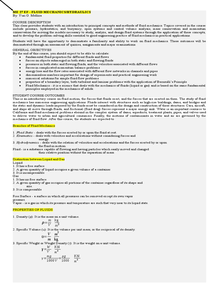 Me 27 Ef - Fluid Mechanics/Hydraulics: W V m γ= mg ρg m | PDF | Surface ...