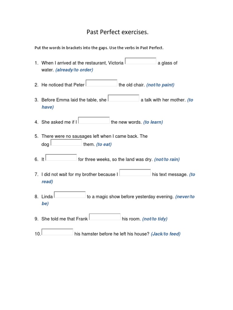 Past Perfect Tense Exercises | PDF