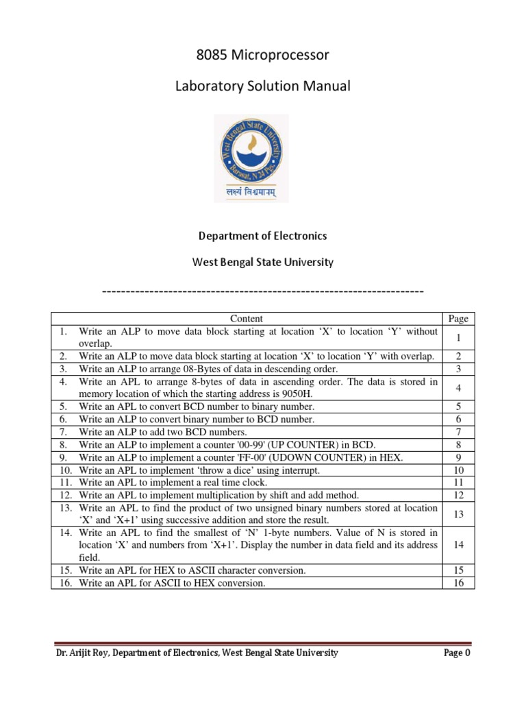 8085 Microprocessor Laboratory Solution Manual: Department of Electronics West Bengal State ...