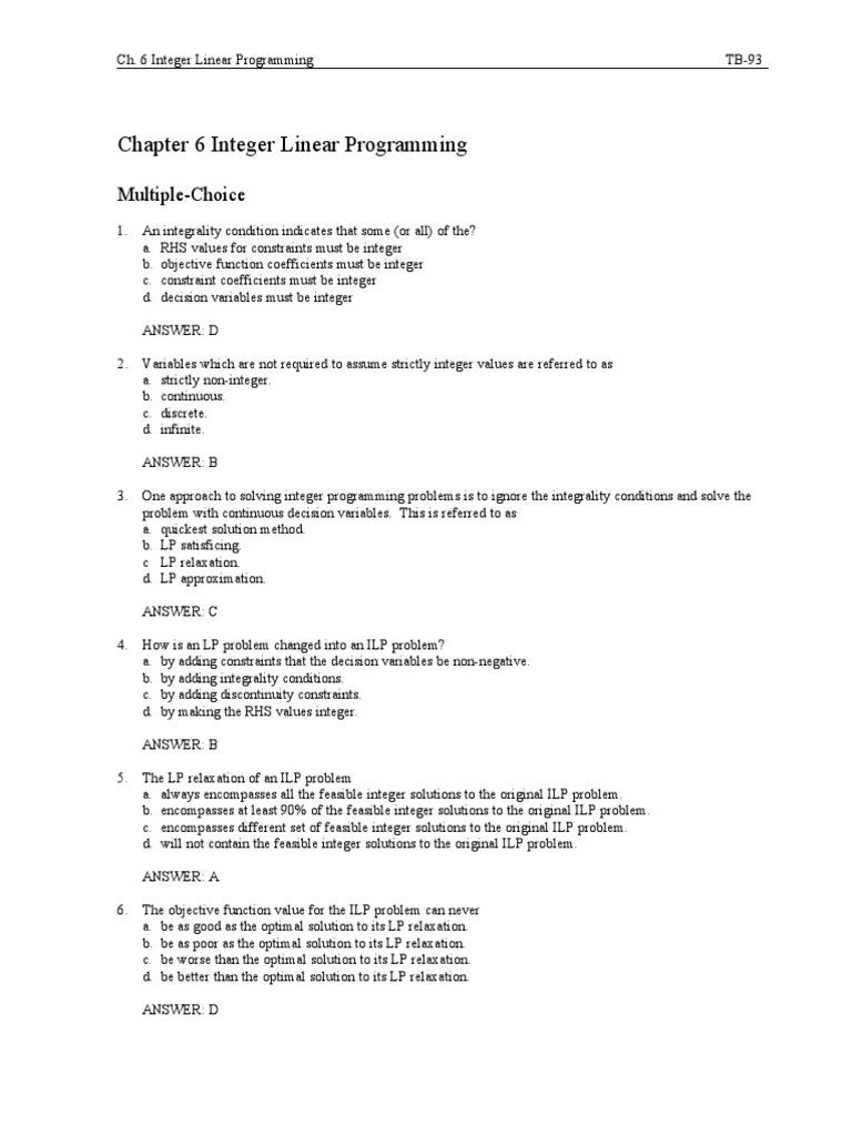 Chapter 6 Integer Linear Programming Multiple Choice Pdf Linear Programming Mathematics 8445