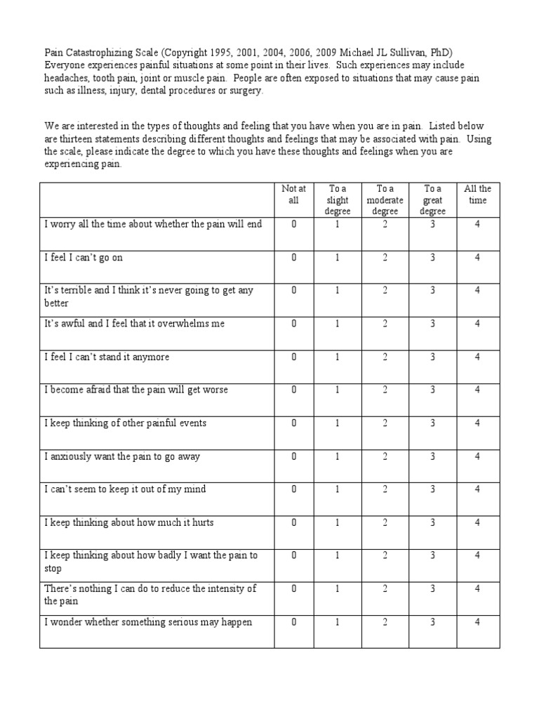 Pain Catastrophizing Scale Questionnaire | PDF