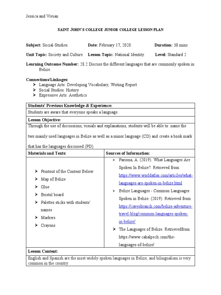 Belize Languages Lesson Plan for Kids | PDF | Behavior Modification | Psychological Concepts