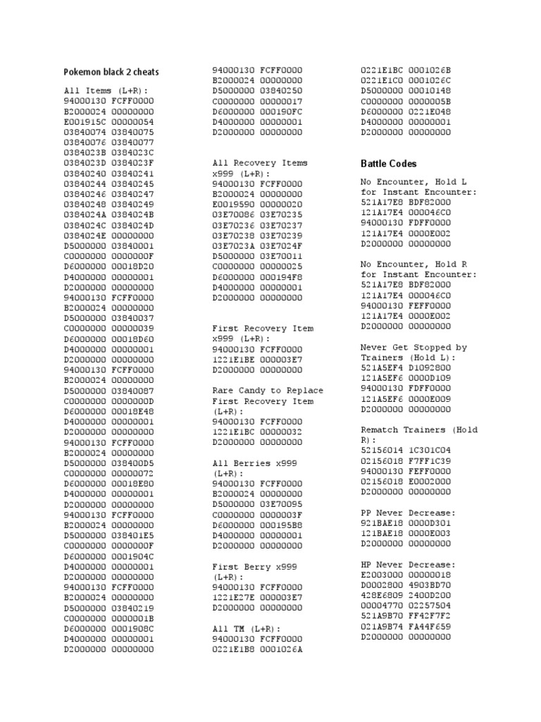 Pokemon Black 2 Cheats: Battle Codes | PDF | Video Game Franchises | Gaming
