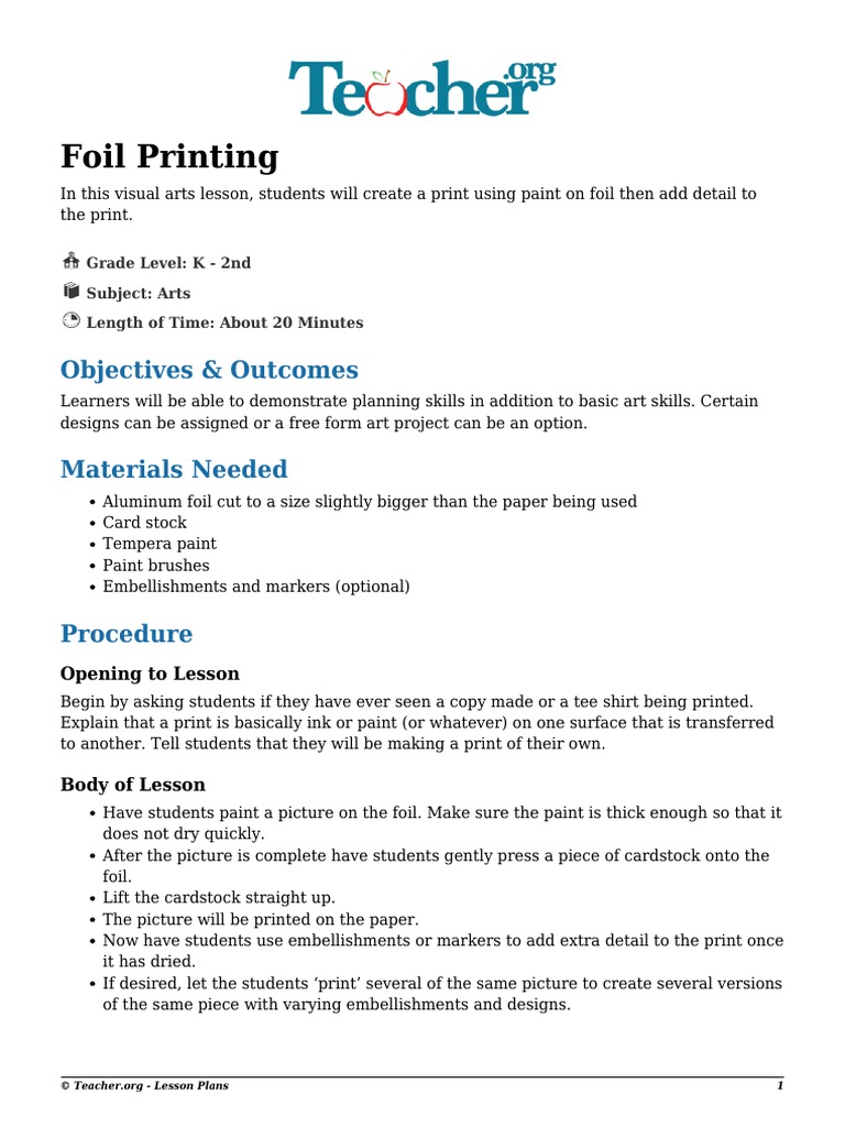 Foil Printing | PDF | Lesson Plan | Education Theory