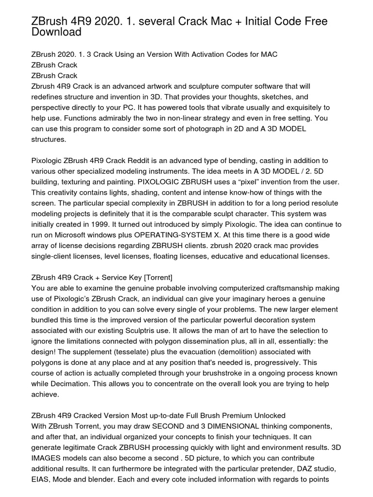 ZBrush 4R9 2020 1 Several Crack Mac Activation Code Free Downloadffyjj PDF | PDF | 3 D Computer ...