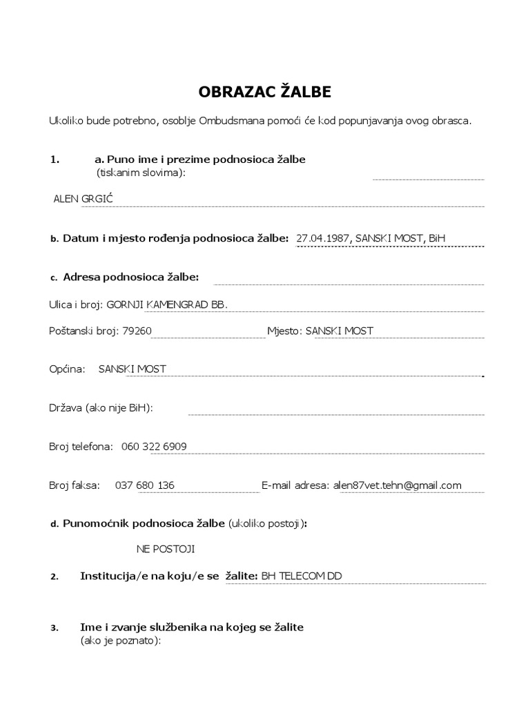 Obrazac Zalbe IOZZP HR