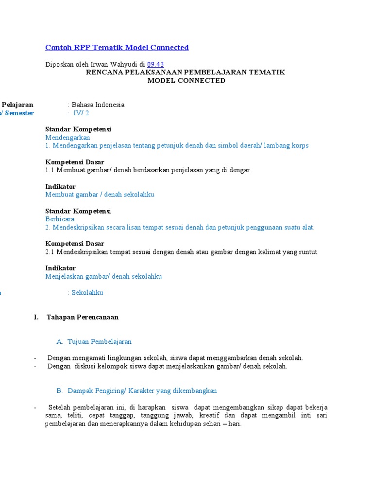 Contoh RPP Tematik Model Connected | PDF