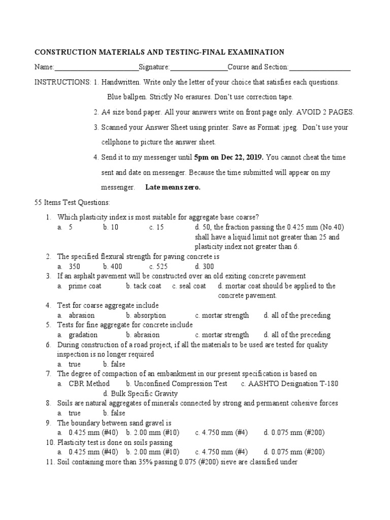Construction Materials and Testing-Final Examination | PDF ...