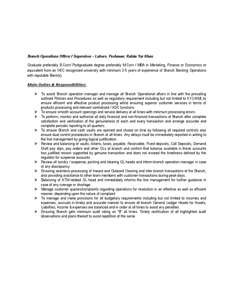 Overseeing Branch Operations and Ensuring Compliance: Job Description ...