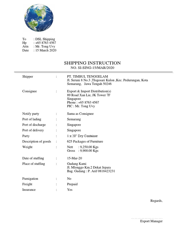 Shipping Instruction for Furniture Export | PDF