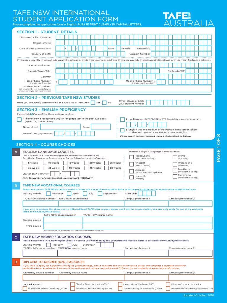 Tafe NSW International Student Application Form | PDF | Vocational Education | Fee