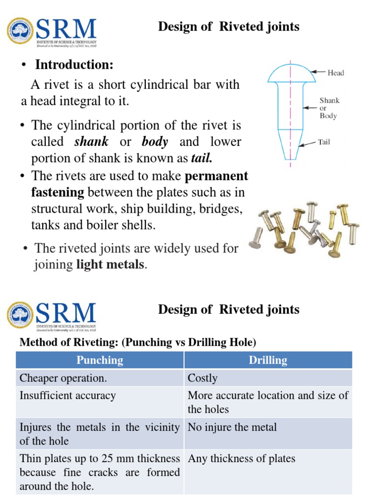 U-4 - Design of Riveted Joint - SRM | PDF | Rivet | Welding
